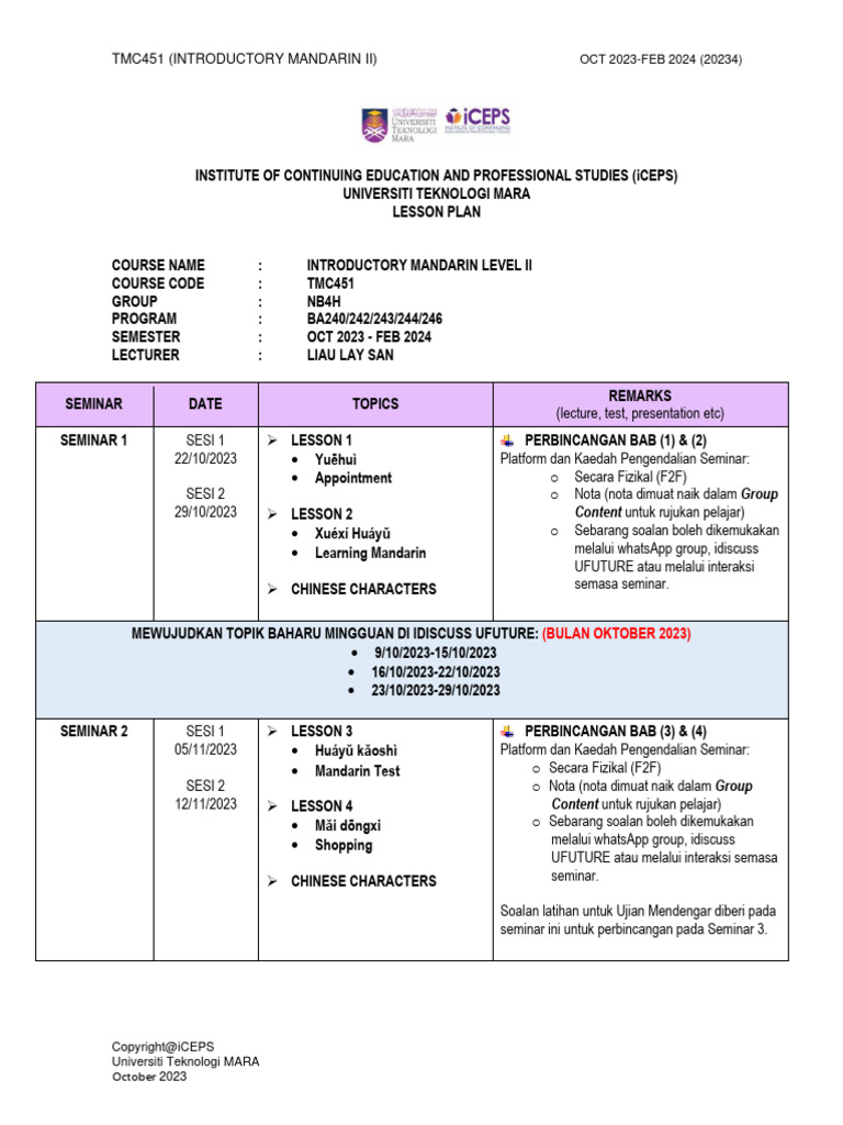 TMC451 (NB4H) - Lesson Plan For Sem Oct 2023 - Feb 2024 - Iceps | PDF