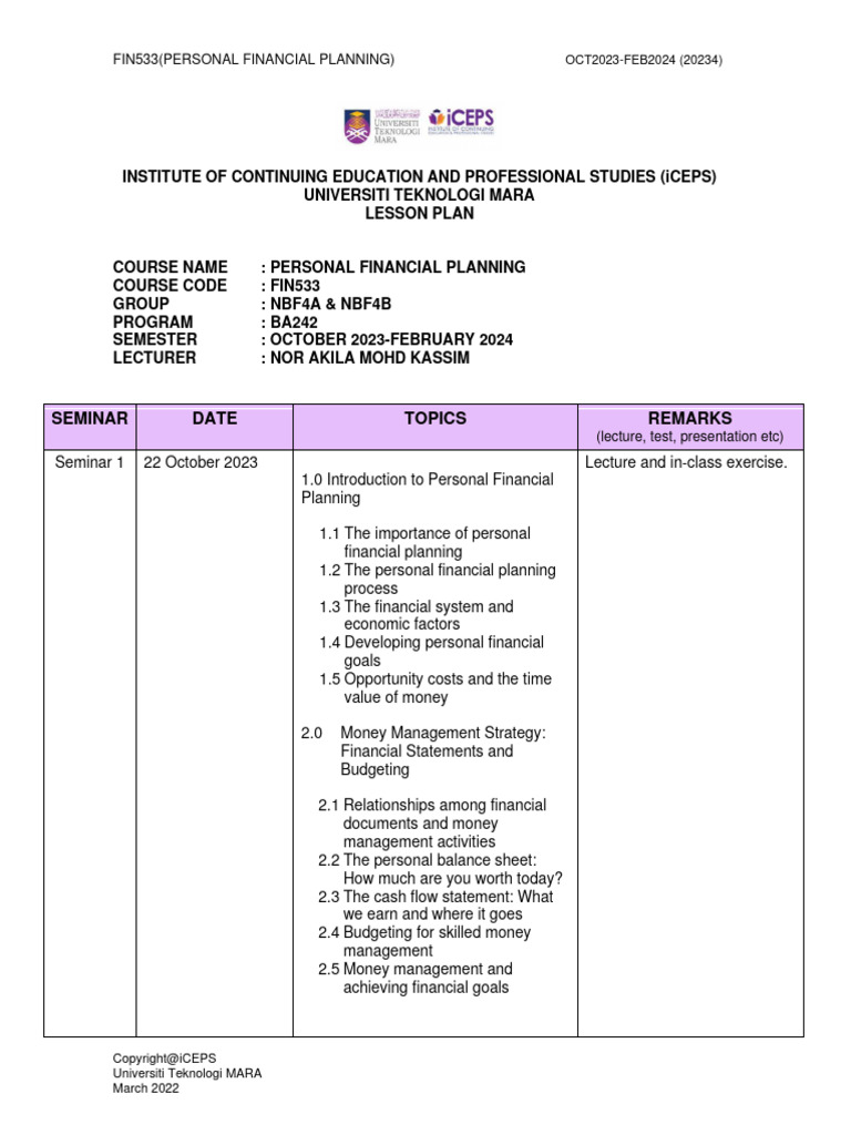 Fin533 Template Lesson Plan For Sem Oct - Feb2024 Iceps | PDF | Taxes ...