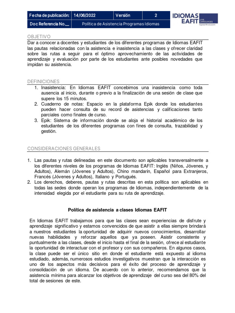Política de Asistencia Idiomas EAFIT | PDF | Evaluación | Aprendizaje