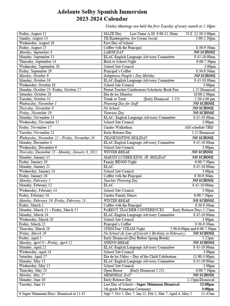 Adelante Selby School Calendar 2023-24 | PDF | Holidays | Festival