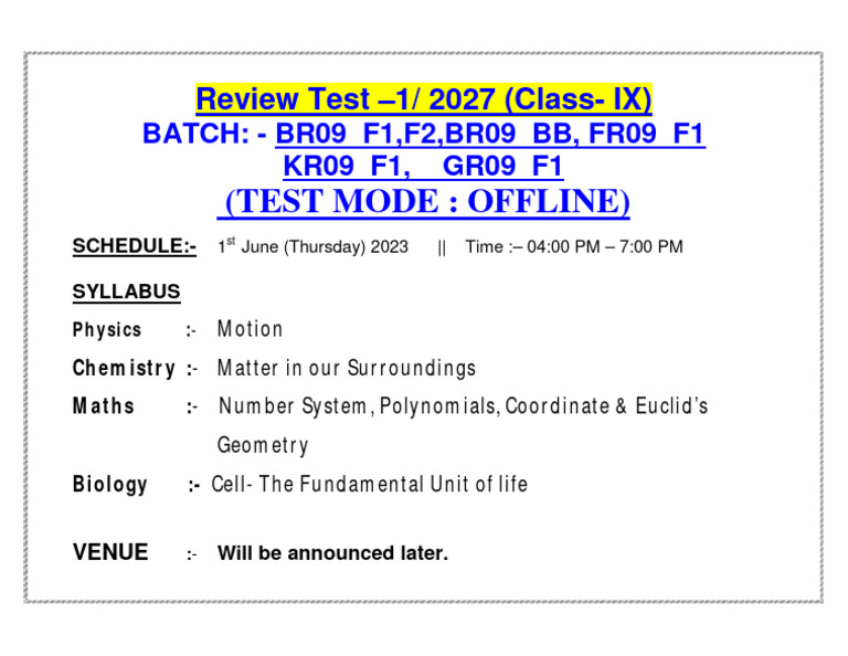 HRT-1 Jee 2027 - Ixth - 01.06.2023 | PDF | Teaching Methods & Materials | Science & Mathematics