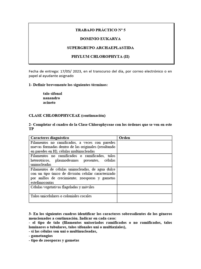 Bot. Sist. I - TP #5 Chlorophyta II 2023 | PDF | Biología Celular ...