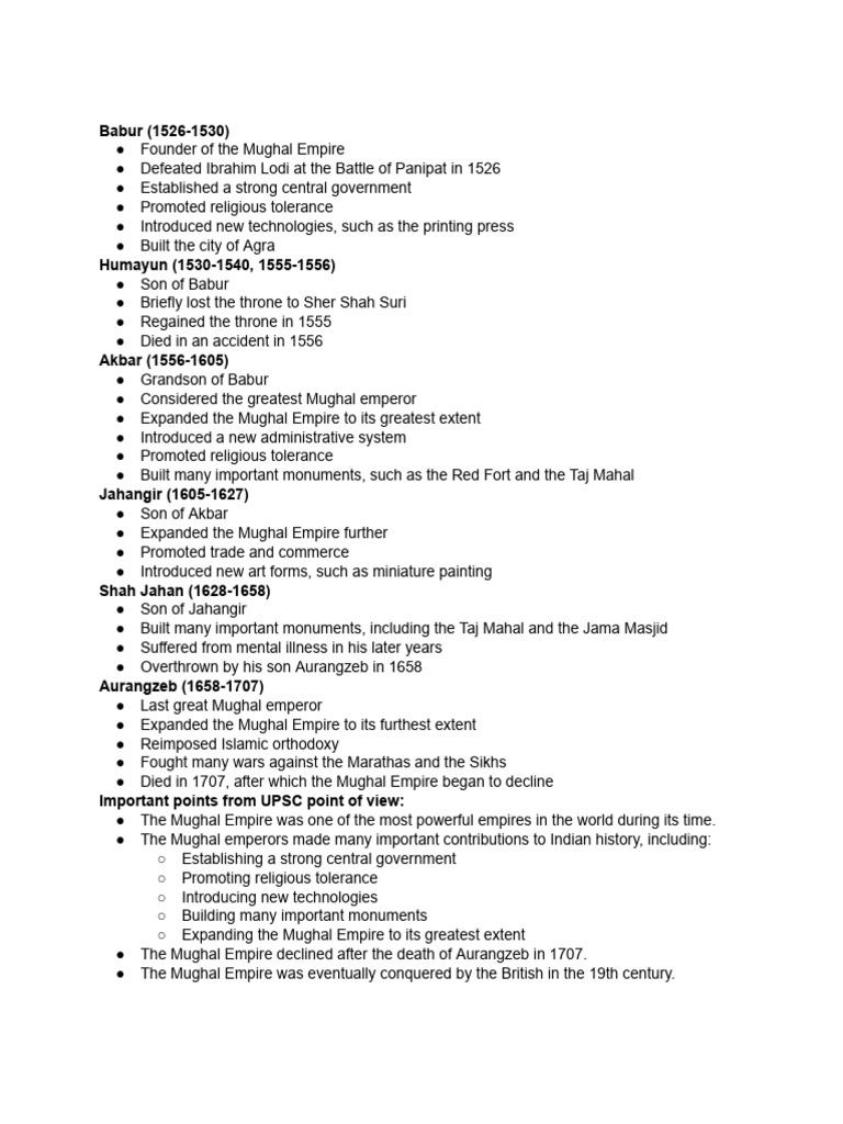 Mughal Empires Rulers With Flowchart and Imp Points From Upsc Pov of Each | PDF | Politics