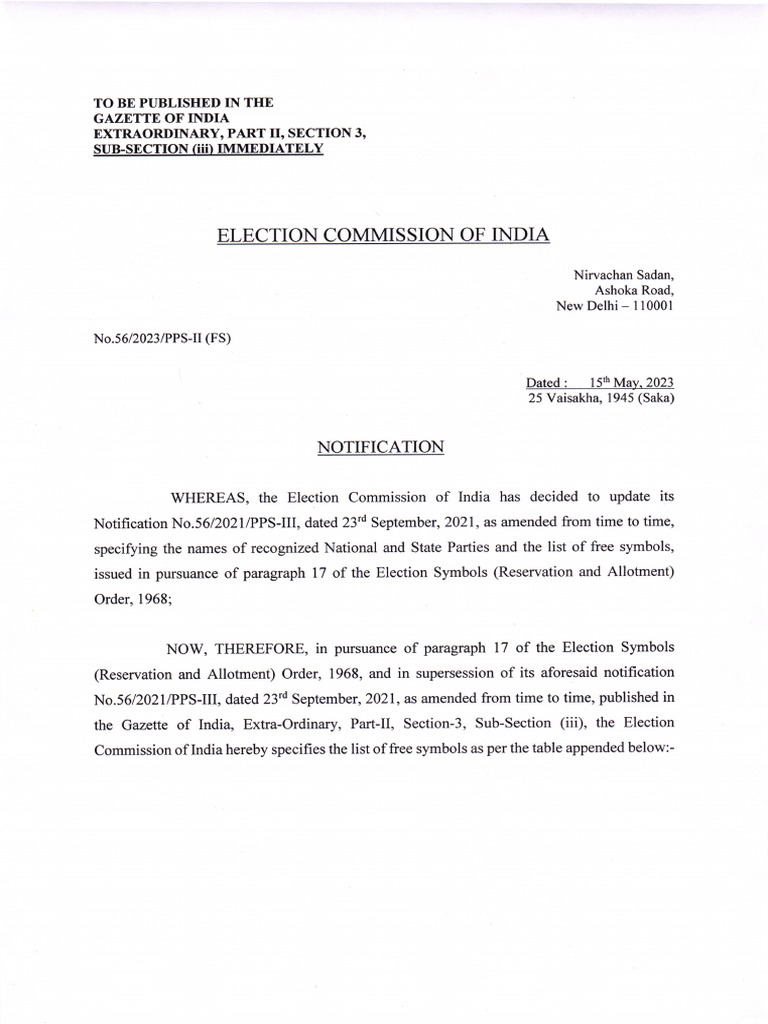 Commission's Main Notification Dated 15.05.2023 Containing List of Free ...