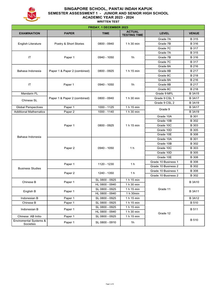 SA 1 Exam Timetable - High School 2023 - 2024 | PDF | Science