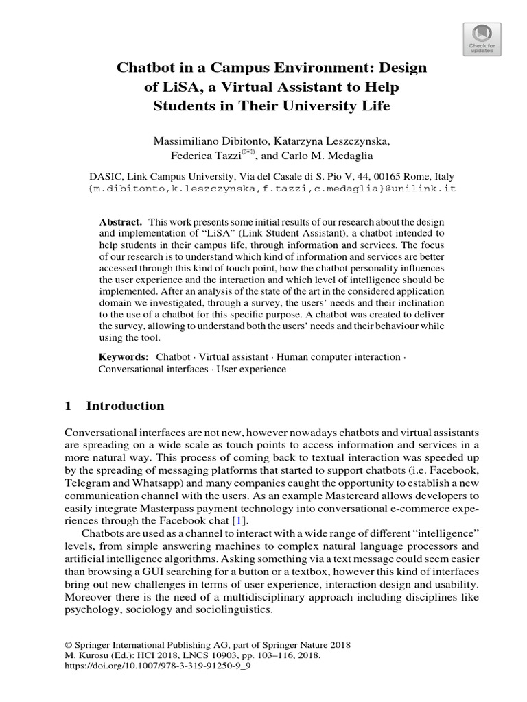 Chatbot in A Campus Environment: Design of Lisa, A Virtual Assistant To Help Students in Their ...