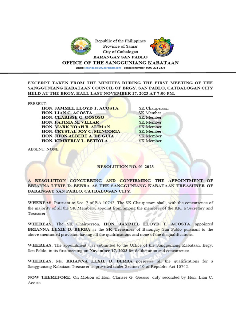 SK San Pablo Resolution of Appointment of Sec and Treas | PDF | Local ...