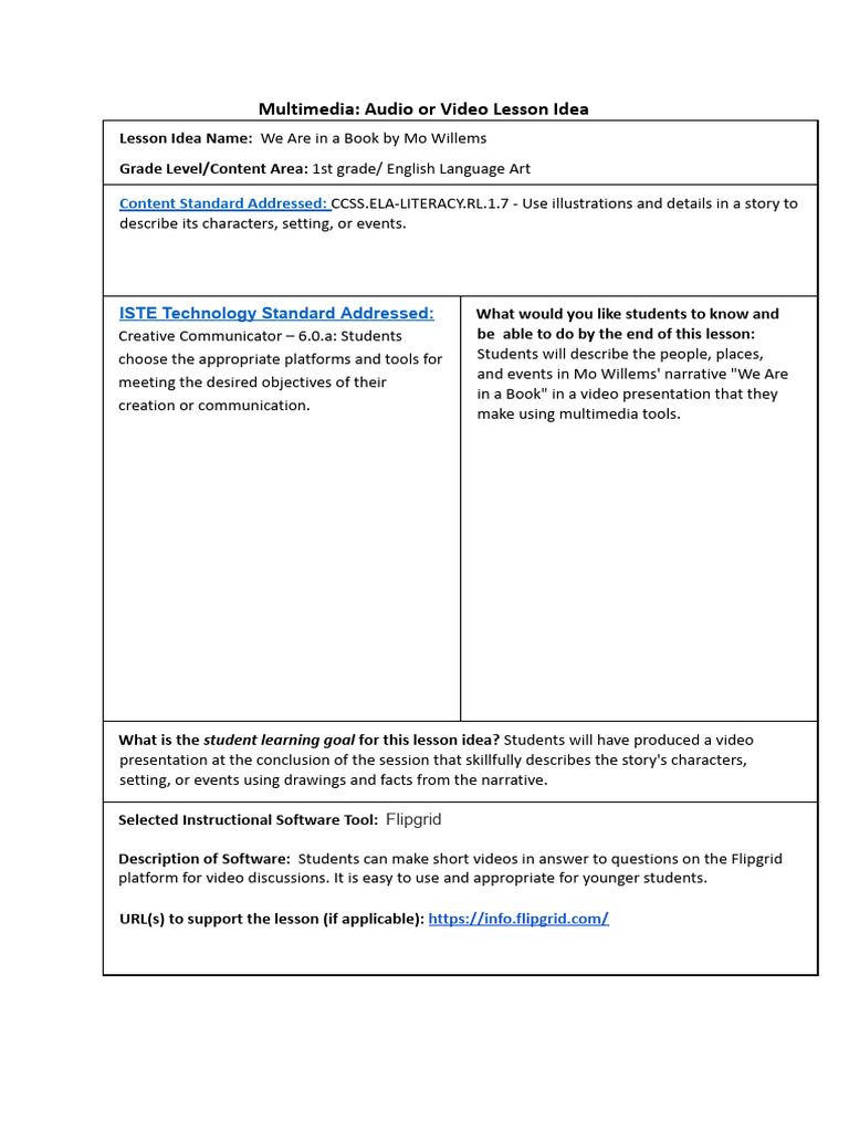 Multimedia: Audio or Video Lesson Idea: Content Standard Addressed ...
