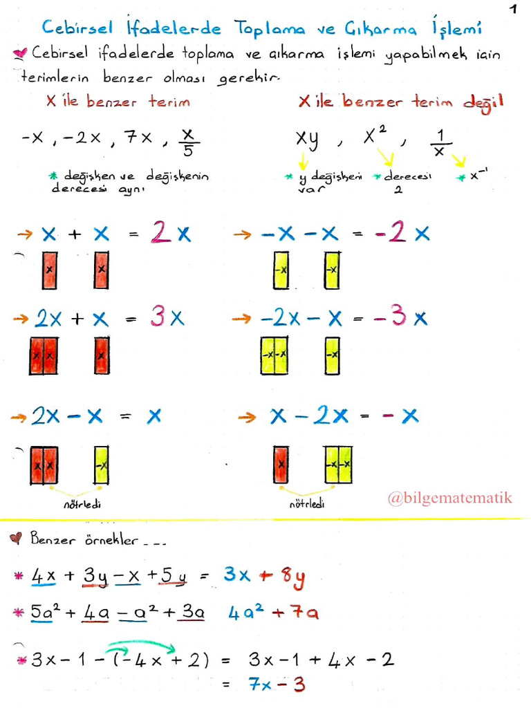 7.sinif Matematik Cebirsel Ifadelerde Toplama Cikarma Islemleri Konu Anlatimi | PDF
