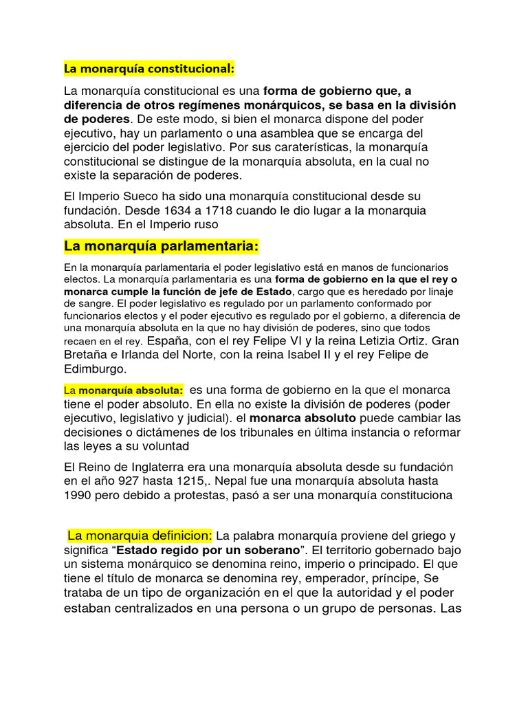 Tipos de Monarquías y su Evolución | PDF | Monarquía | Monarquía absoluta