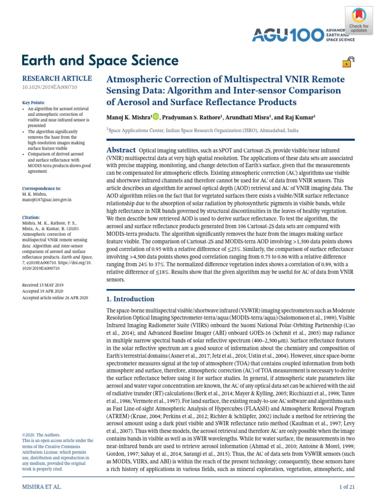 Atmospheric Correction Of Multispectral Vnir Remote Sensing Data