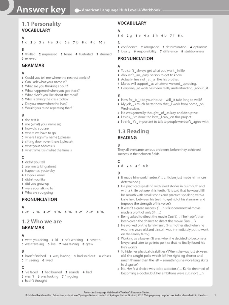 American Language Hub 4 Workbook Key | PDF