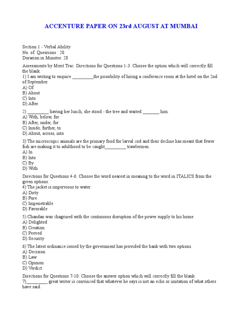(WWW - Entrance-Exam - Net) - Accenture Placement Sample Paper 2 | PDF ...