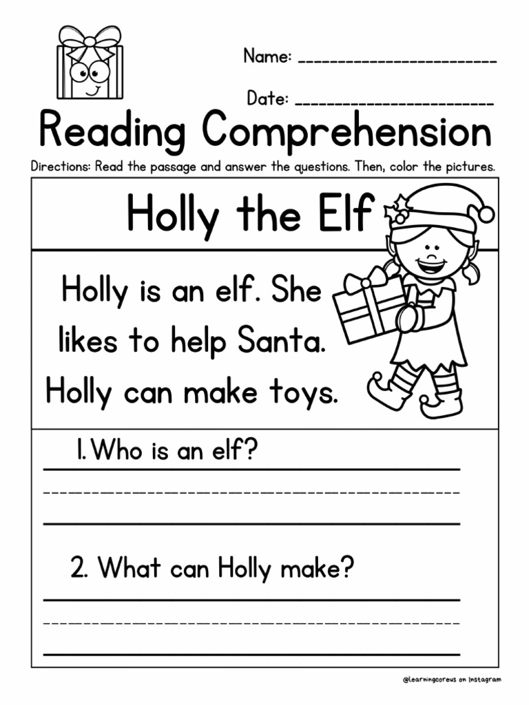 FREEChristmasReadingComprehensionWorksheetPreKKindergartenFirstGrade 1 ...