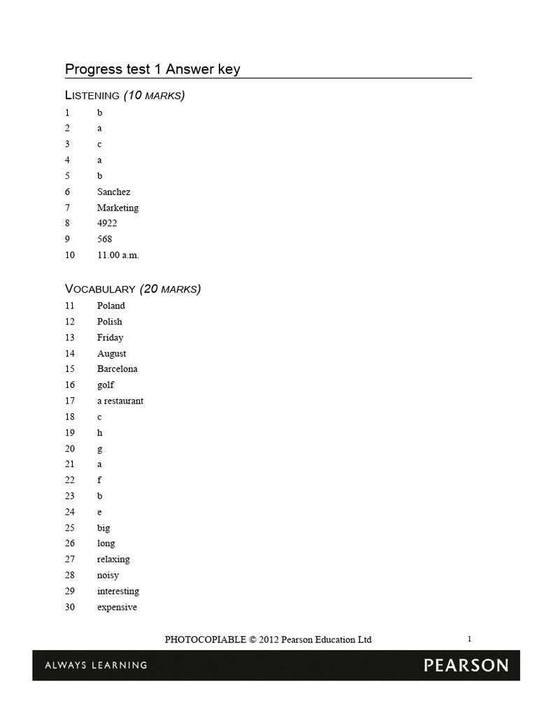 Progress Test 1 Answer Key | PDF | Sports & Recreation | Games & Activities