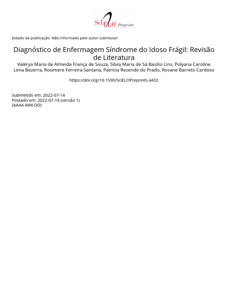 Diagnóstico de Enfermagem Síndrome Do Idoso Frágil: Revisão de ... Diagnóstico de Enfermagem Síndrome Do Idoso Frágil: Revisão de ...
