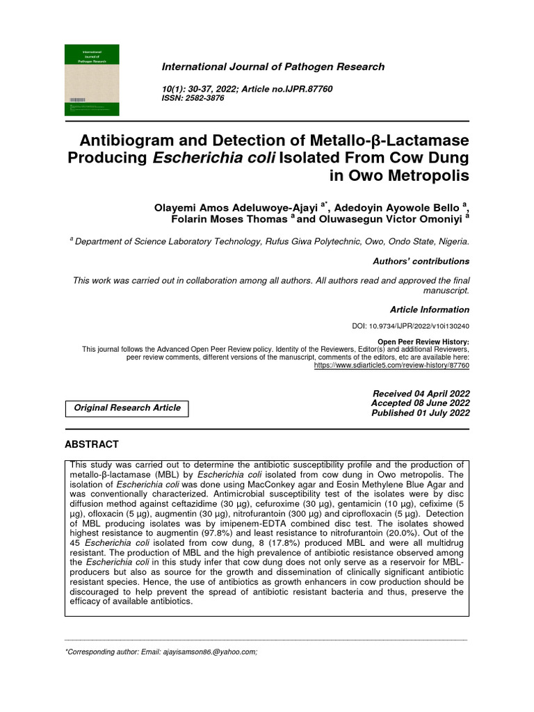 Antibiogram and Detection of Metallo-β-Lactamase Producing Escherichia coli Isolated From Cow ...