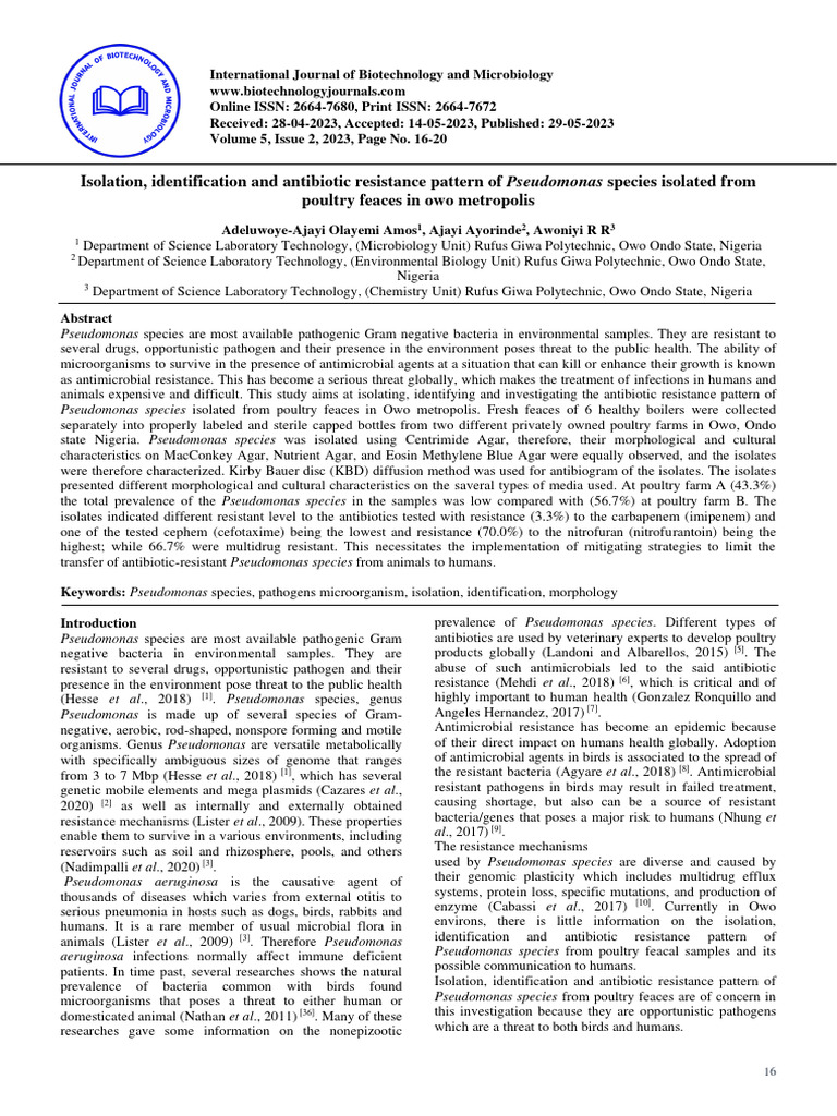 Isolation Identification And Antibiotic Resistance Pattern Of Pseudomonas Species Isolated From