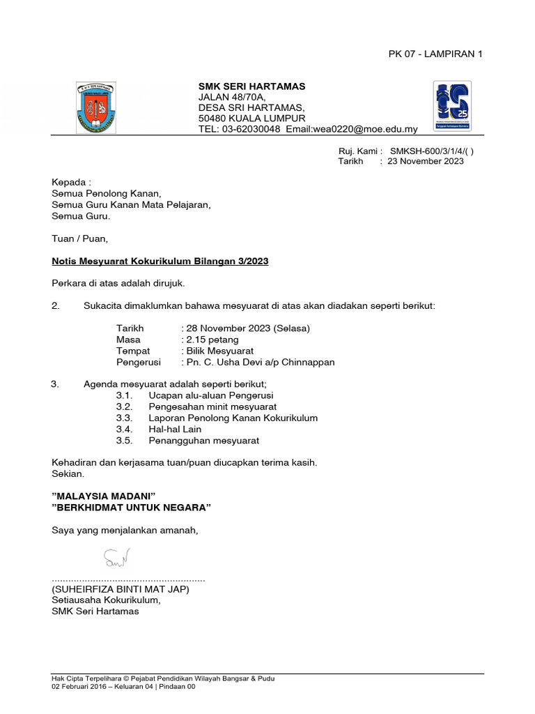 Notis Mesyuarat Kokurikulum Ke3 202324 | PDF