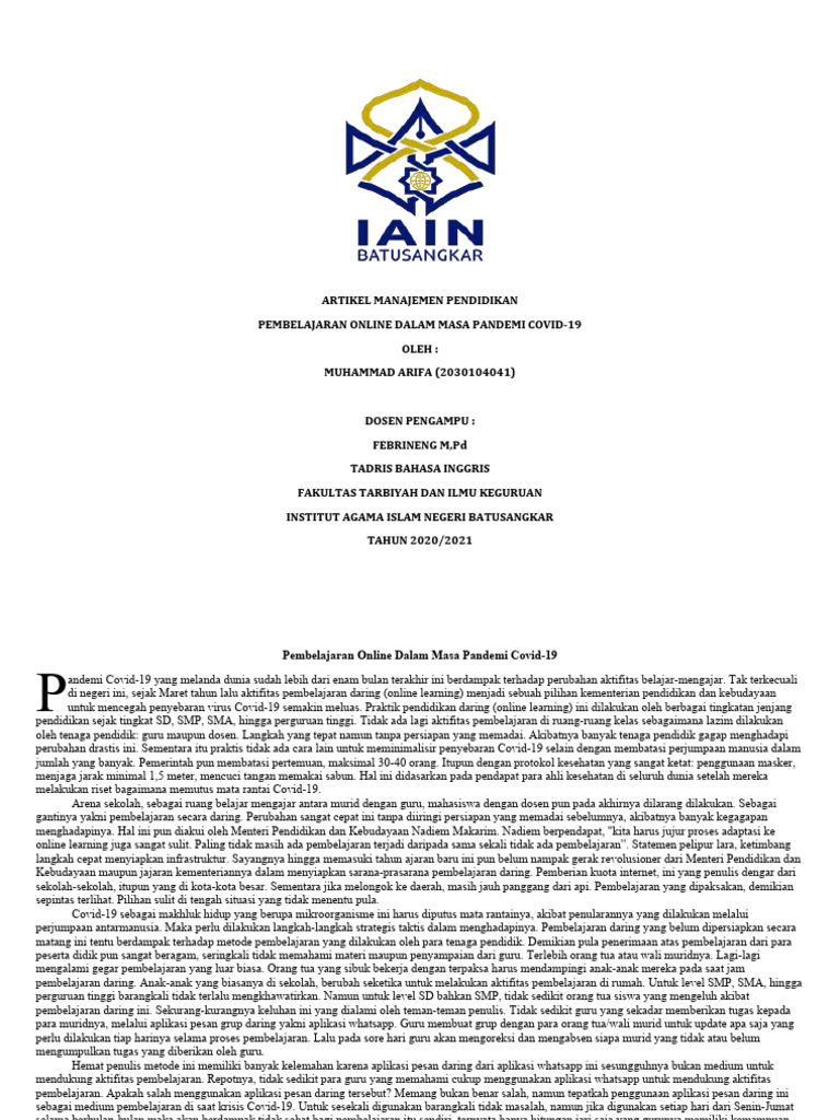 Artikel Manajemen Pendidikan Muhammad Arifa (2030104041) | PDF