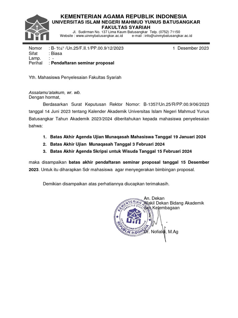 Batas Akhir Seminar Proposal Semester Ganjil 2023-2024 | PDF