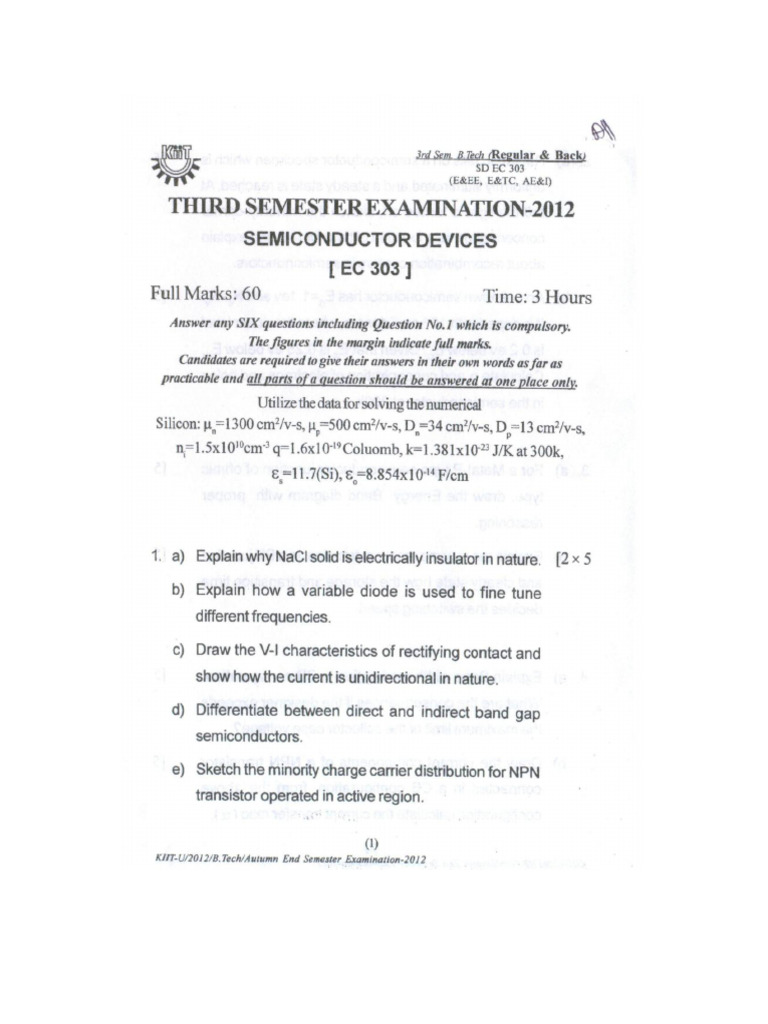 3rd EEE, Semiconductor Device (EC-303) Regu & Back Examination-2012 | PDF