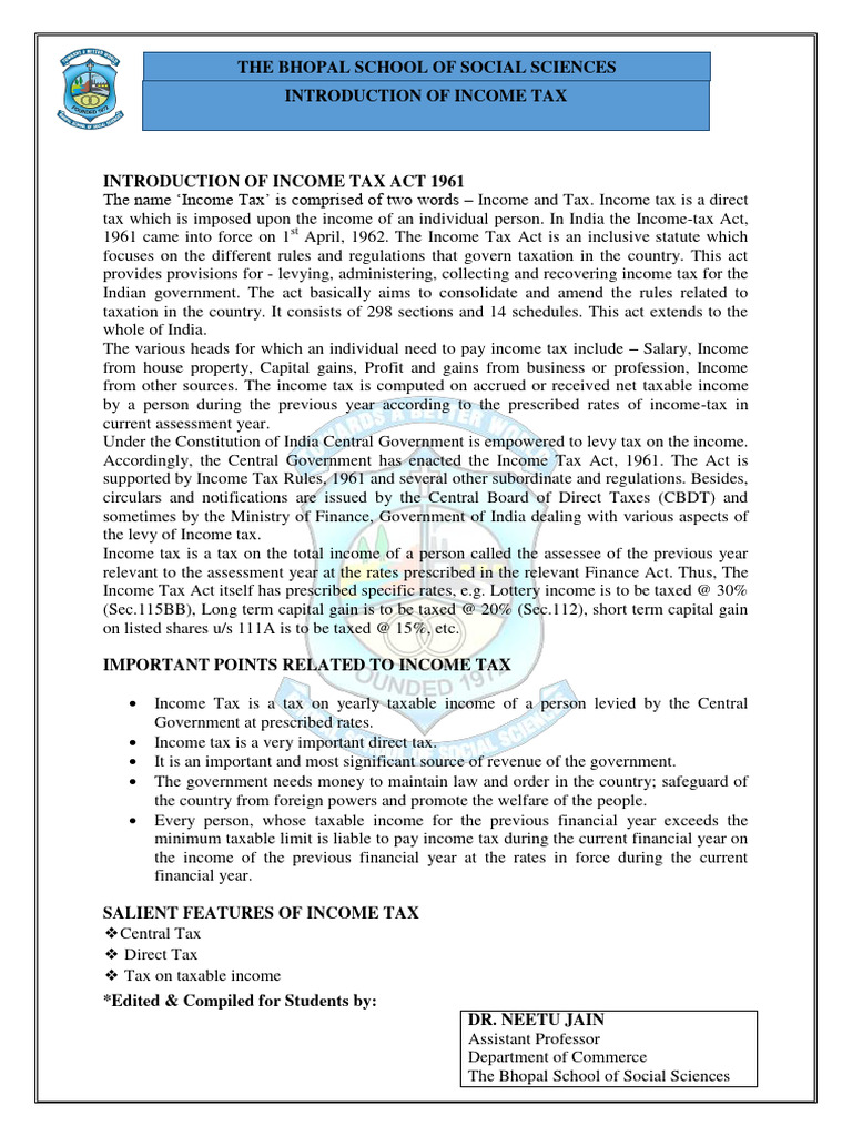 Introduction To Income Tax | PDF | Taxes | Income Tax