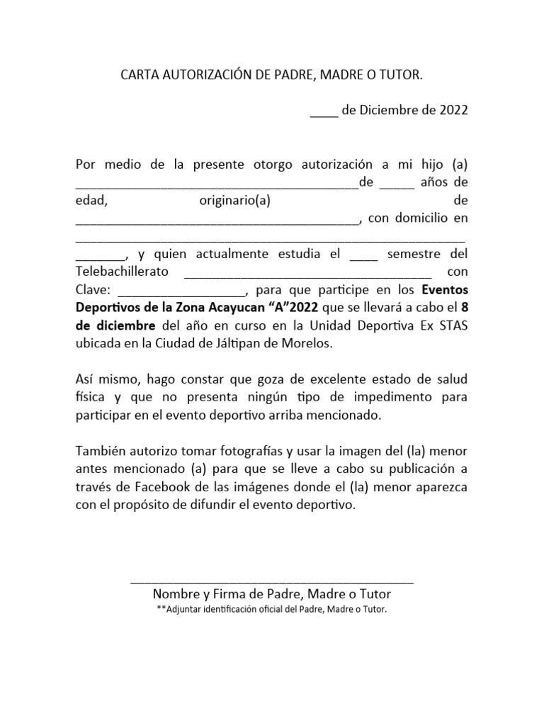 Carta Autorización de Los Padres o Tutor | PDF