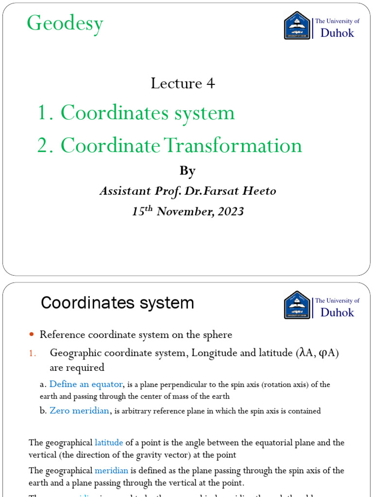 Lecture 4 Coordinate Transformation .PPTX (Repaired) | PDF | Latitude | Geodesy
