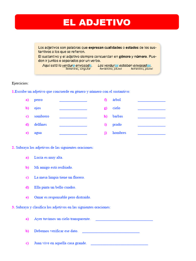 Ejercicios sobre Adjetivos en Español | PDF | Adjetivo