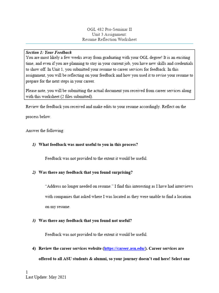 Ogl 482 - Unit 3 - Resume Reflection | PDF | Résumé | Chief Operating ...