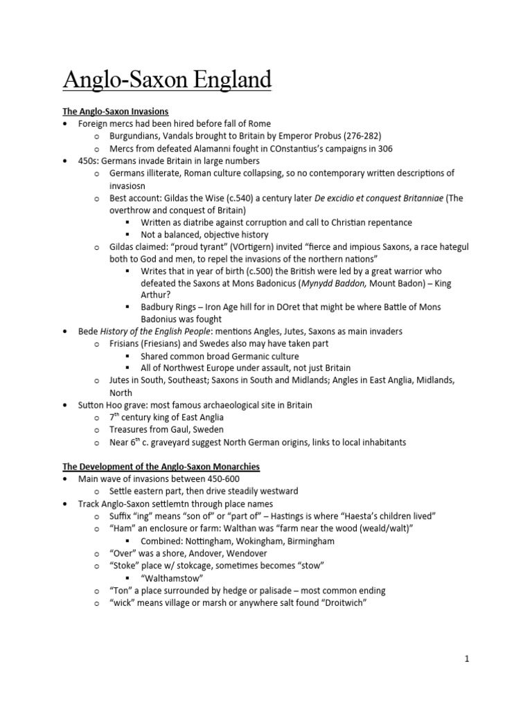HIS201.03.Anglo Saxon England - Notes | PDF | Wessex | Celtic Christianity