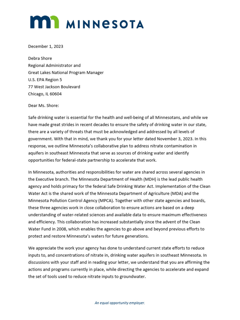 MN Response To EPA SE MN Letter 231201 | PDF | Drinking Water | Environment