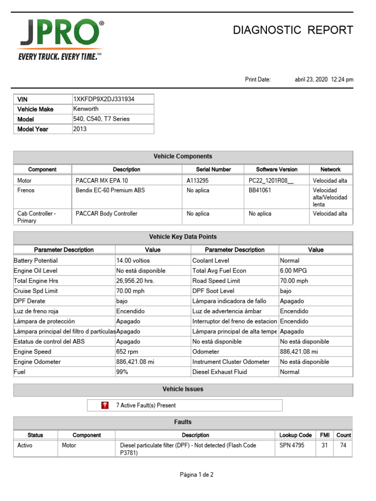 Diagnostic Report: Vehicle Components | PDF | Partes de vehículo ...