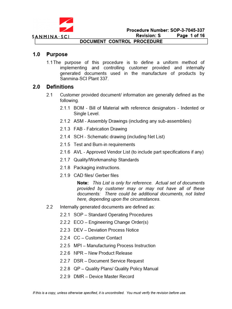 SOP-3-7045-337 REV S Document Control Procedure | Download Free PDF ...