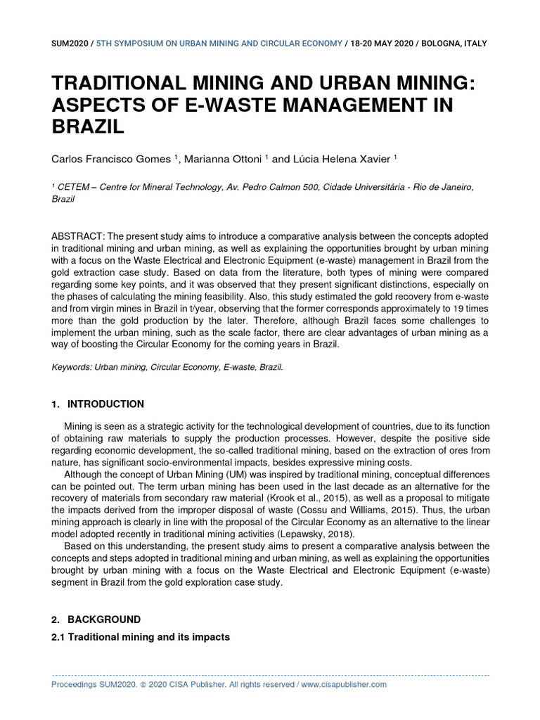 SUM 2020 - Traditional Mining and Urban Mining Aspects of E-Waste Management in Brazil ...