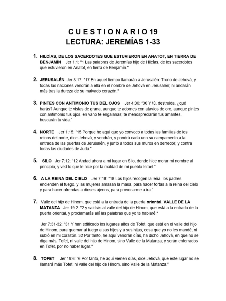 Cuestionario 19 Jeremías 1a.parte (1-33) Respuestas | PDF | Jeremías