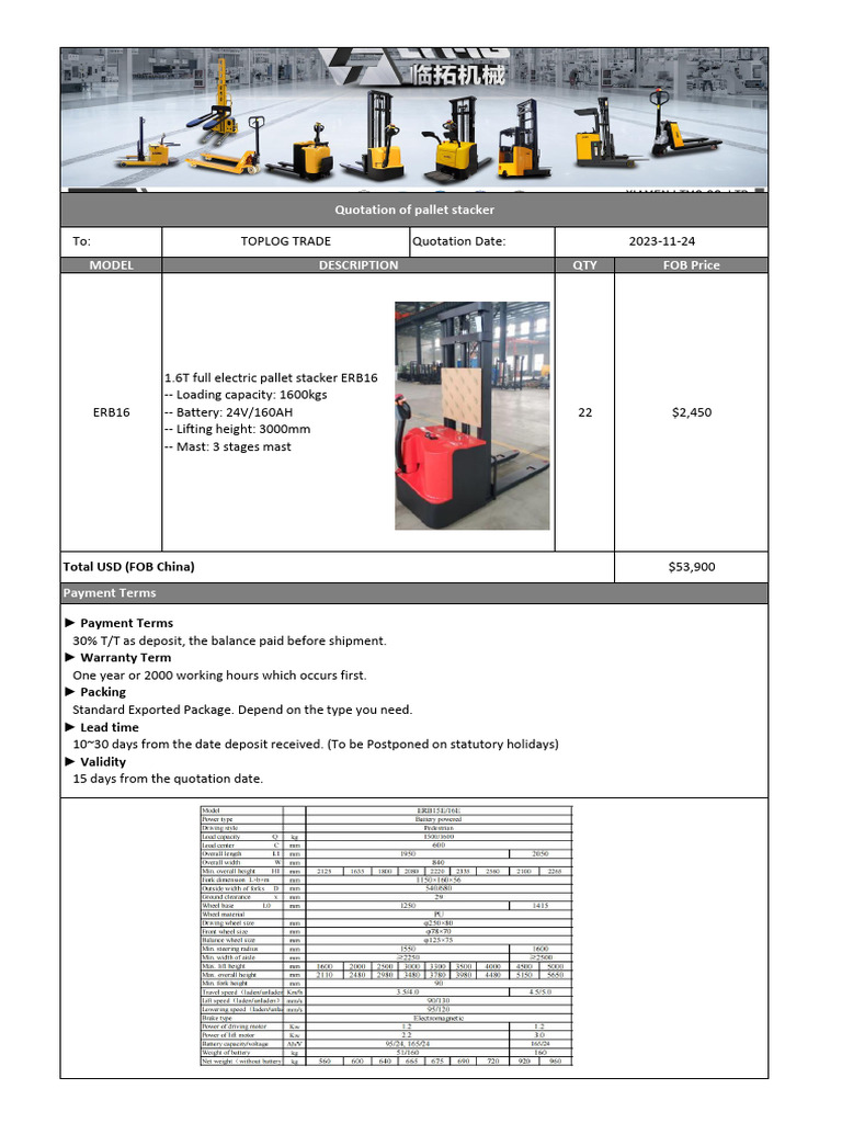 LTMG Quotation of Pallet Stacker | PDF | Business | Science & Mathematics