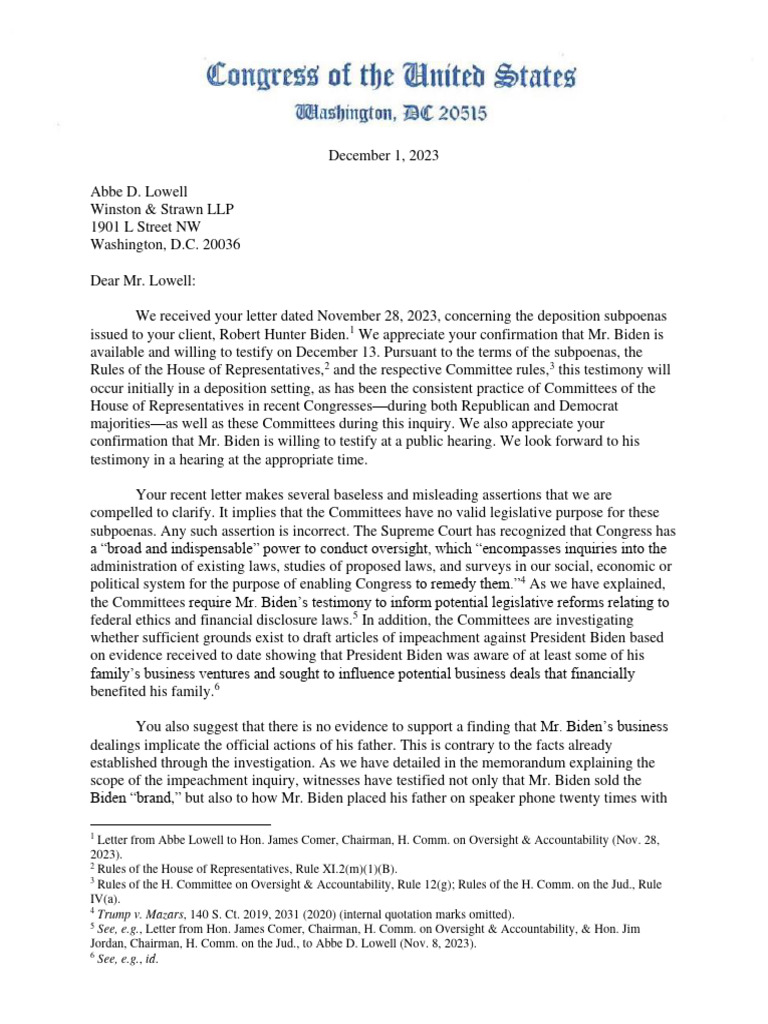 Rep. James Comer's Response Letter To Abbe Lowell | PDF | Deposition ...