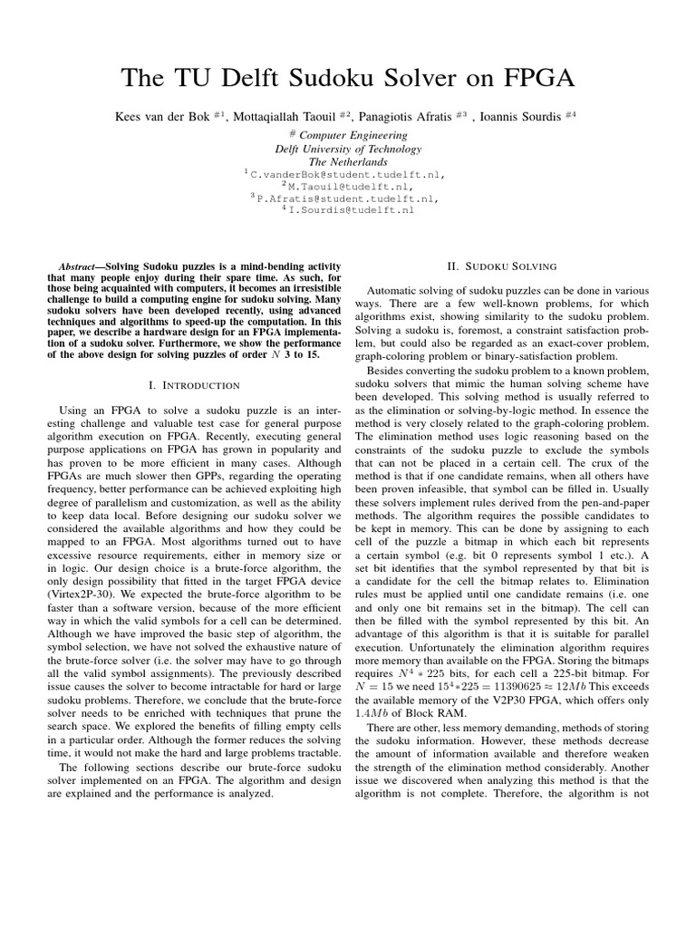 The TU Delft Sudoku Solver On FPGA | PDF | Algorithms | Field ...