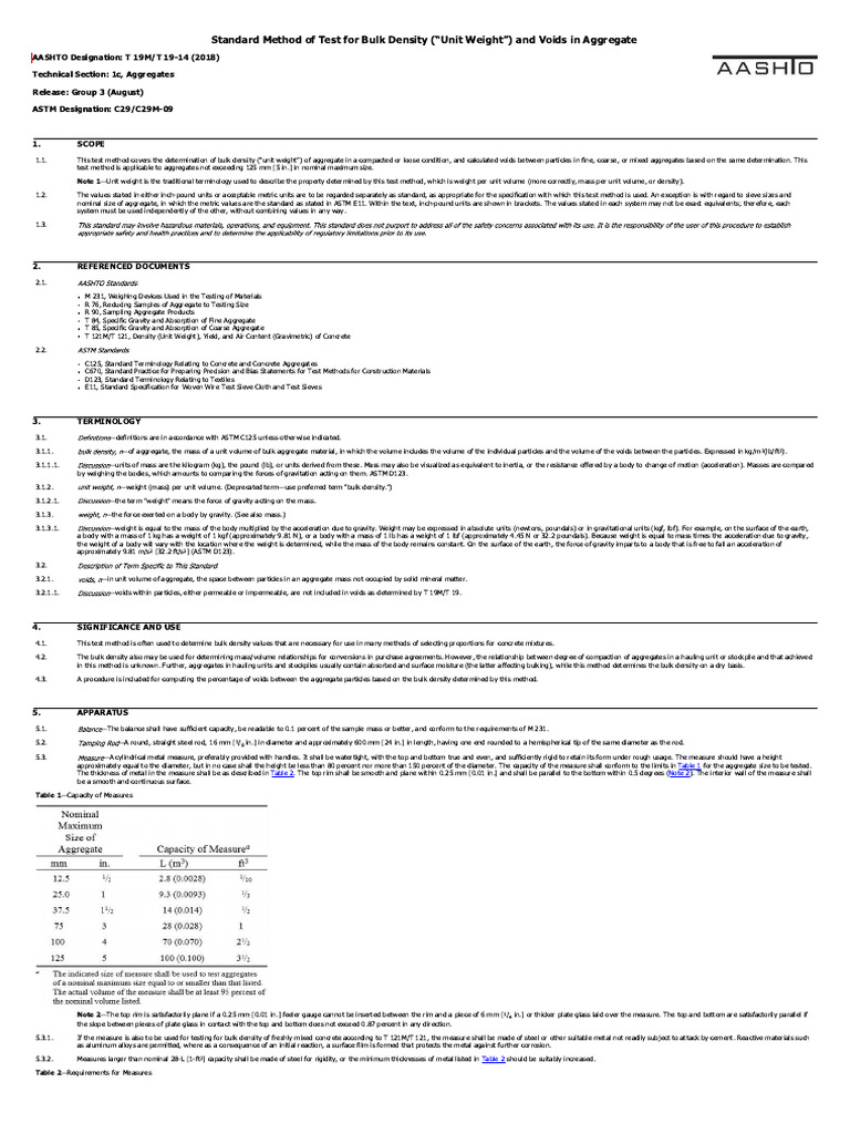T 19M-T 19-14 (2018) Bulk Density ("Unit Weight") and Voids in Aggregate | PDF