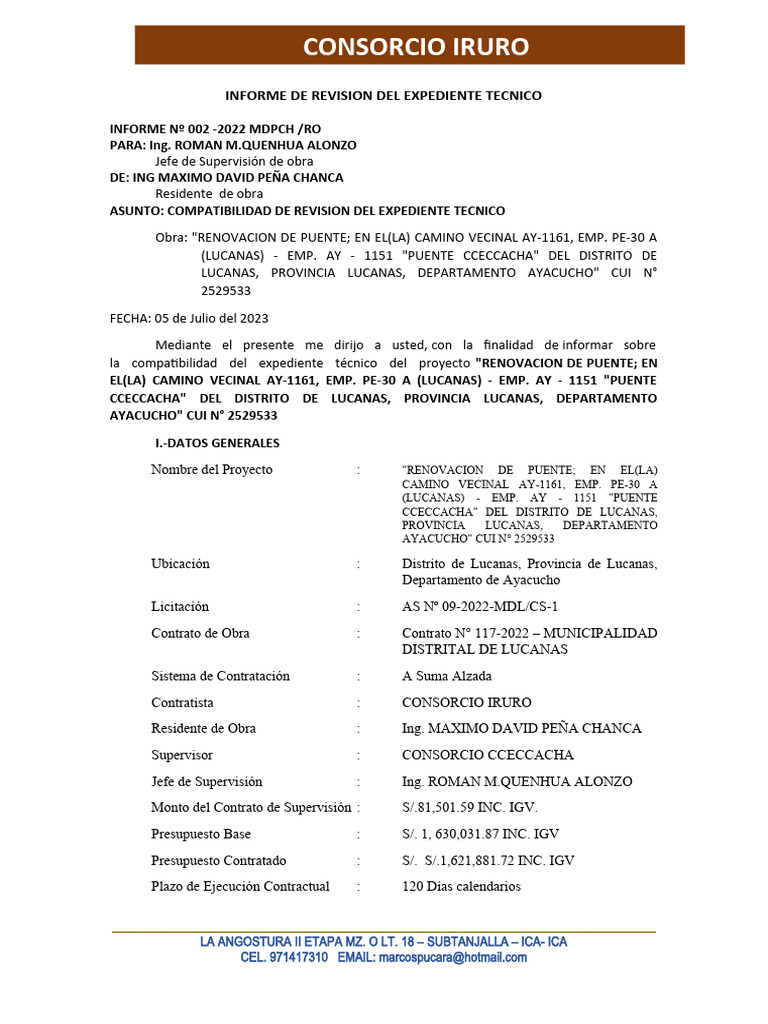 Informe de Revision Del Expediente Tecnico | PDF | Ingeniería estructural | Ingeniero civil