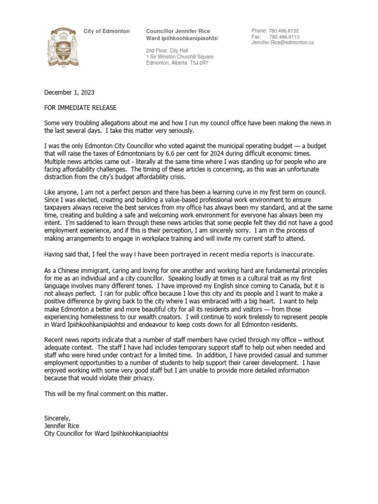 Edmonton City Coun. Jennifer Rice Media Statement | PDF