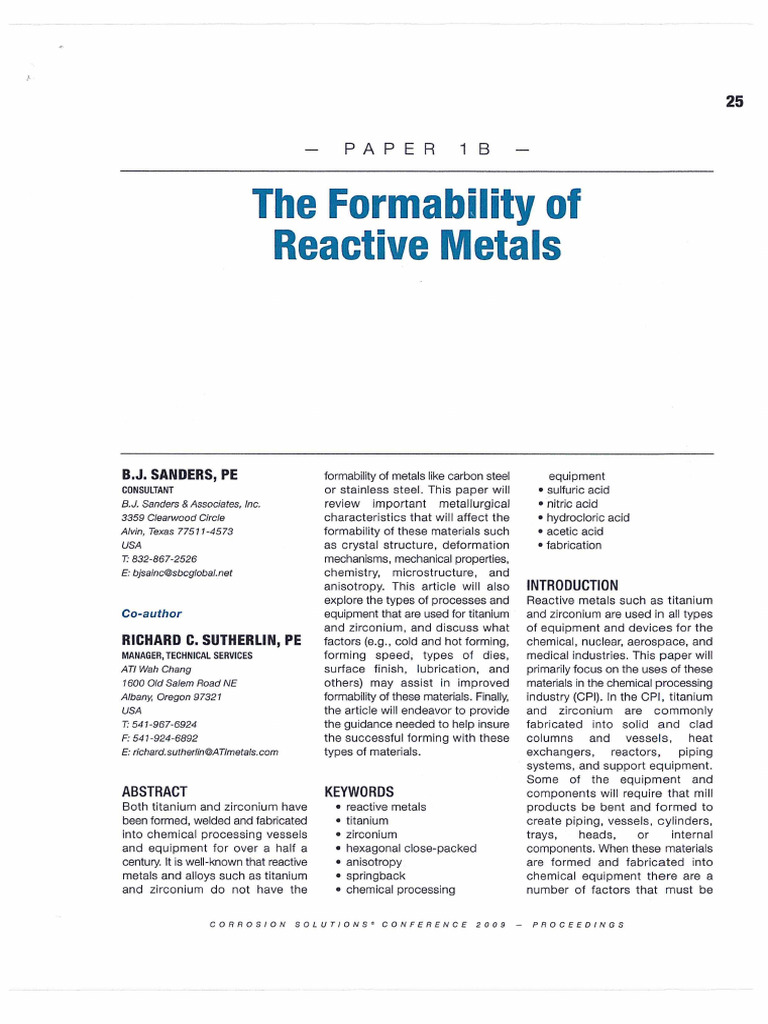 The Formability Of Reactive Metals Pdf Titanium Zirconium