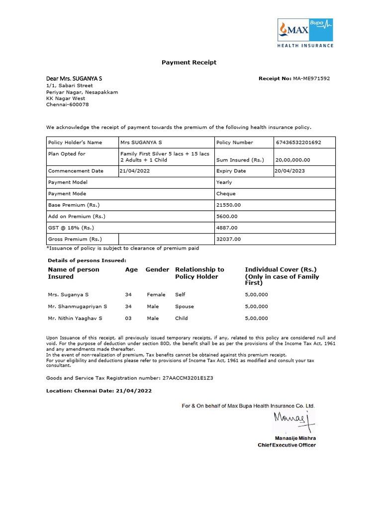 Self Spouse Child Medical Insurance Premium Receipt | PDF | Insurance ...