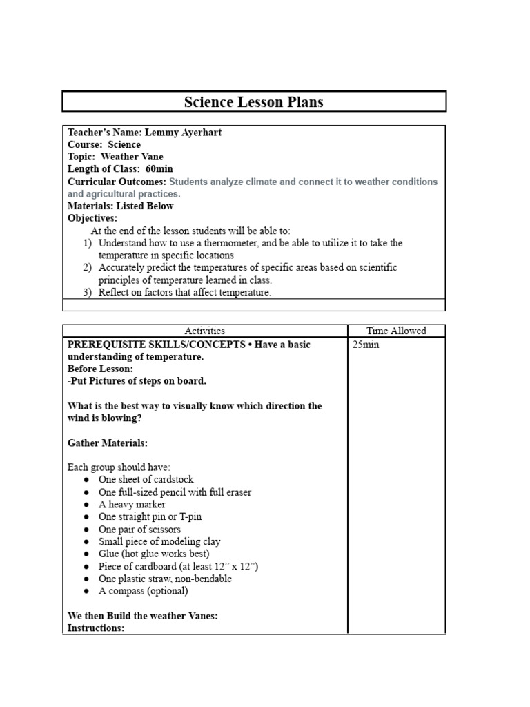 Science Lesson Plan Weather Vane | PDF | Weather | Lesson Plan