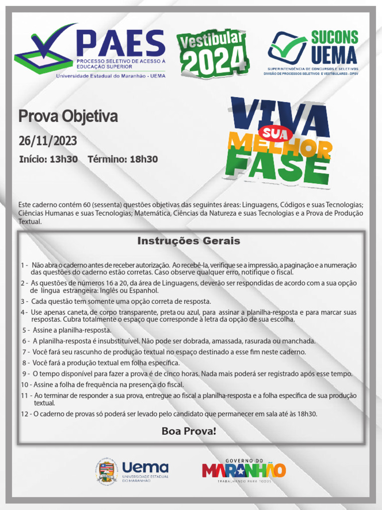 Provas Paes Uema 2024 | PDF | Gênero | Estudos de Gênero