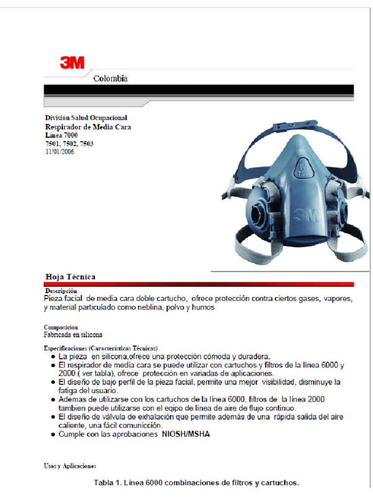 Ficha Tecnica Respirador Media Cara Siliconada 3M 7000 7501 75027503 ...