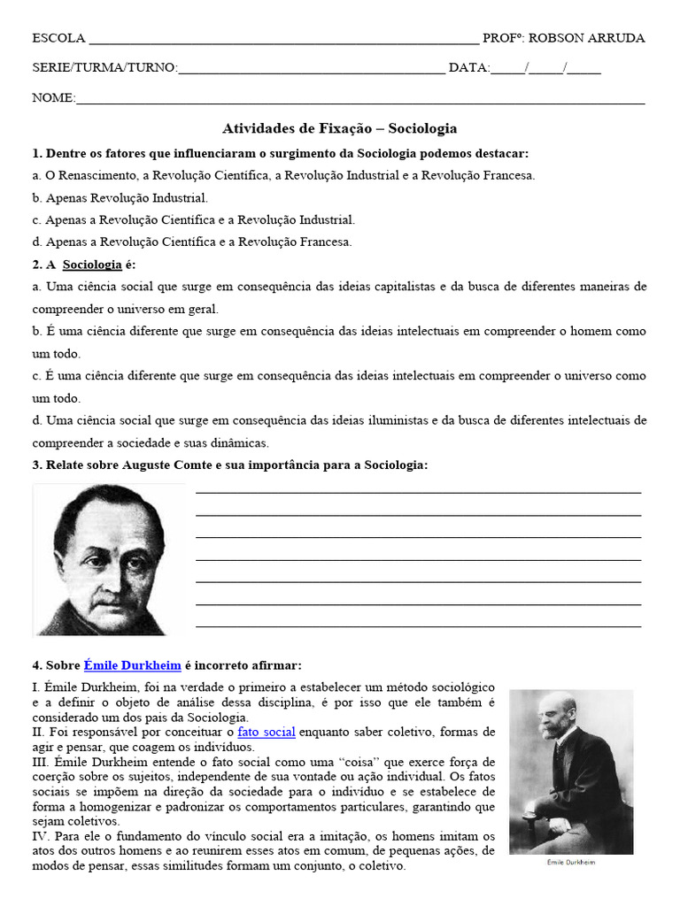 Atividades de Sociologia | PDF | Sociologia | Émile Durkheim