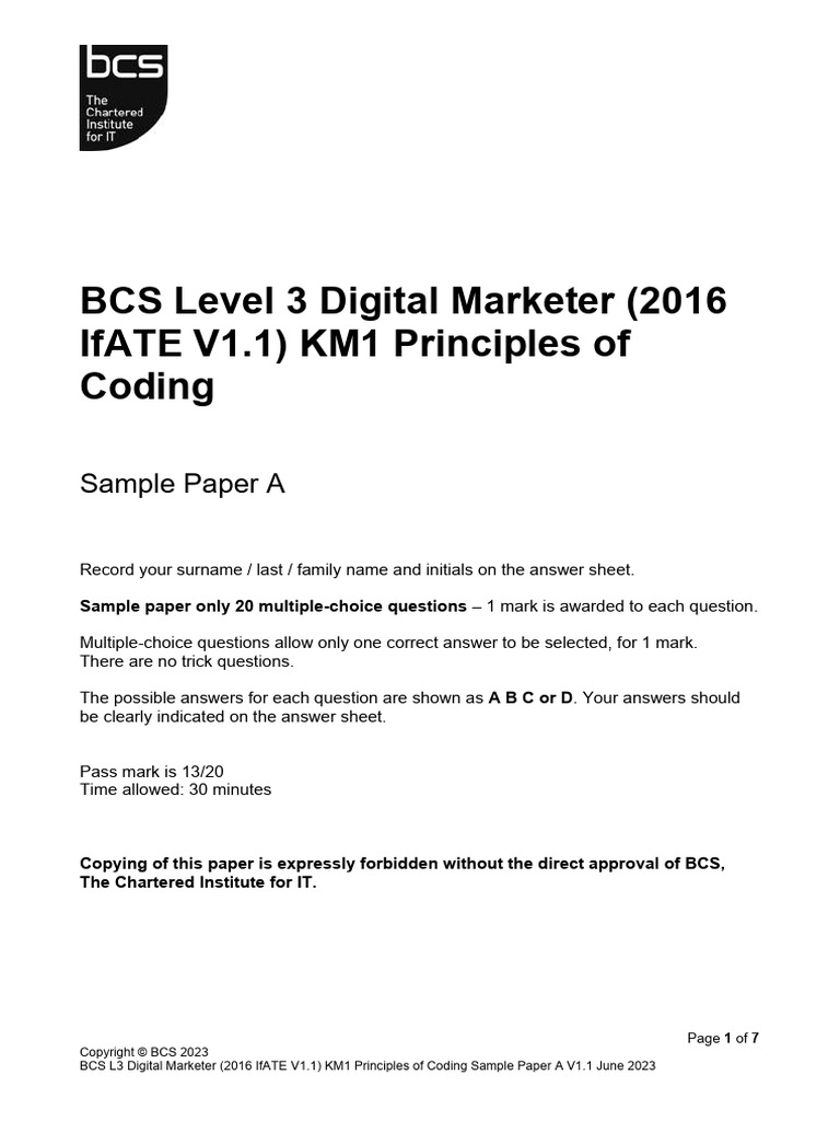 BCS L3 Digital Marketer IfATE V1.1 KM1 Principles of Coding Sample Paper A V1.1 | PDF | World ...
